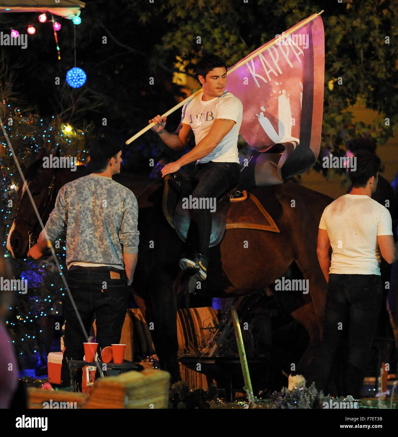 Zac Efron puts on his saddle for a scene in 'Neighbors 2' filming in ...