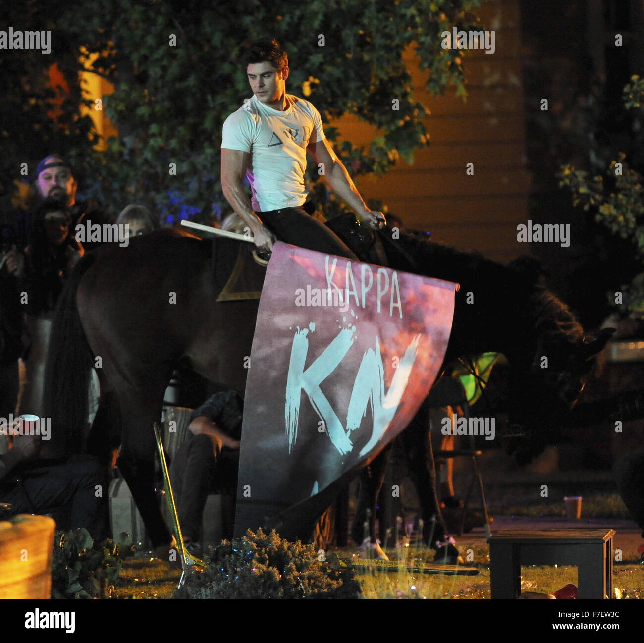 Zac Efron puts on his saddle for a scene in 'Neighbors 2' filming in ...
