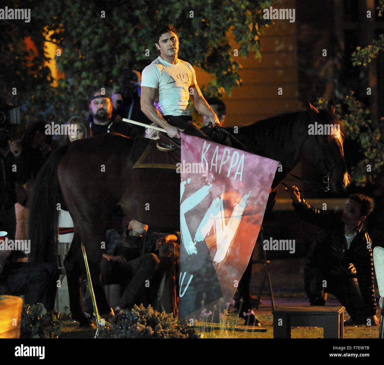 Zac Efron puts on his saddle for a scene in 'Neighbors 2' filming in ...