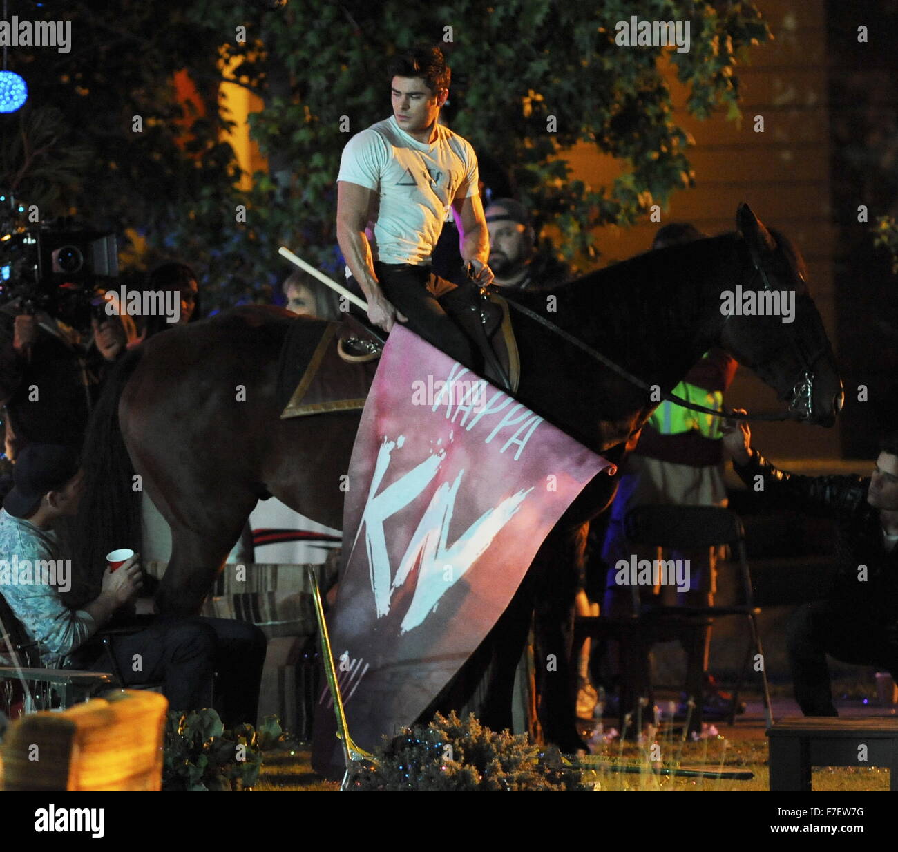 Zac Efron puts on his saddle for a scene in 'Neighbors 2' filming in ...