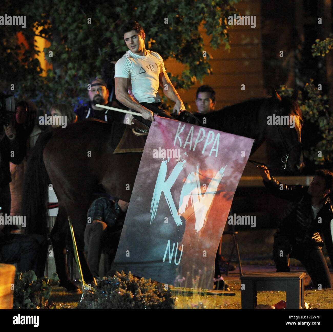 Zac Efron puts on his saddle for a scene in 'Neighbors 2' filming in ...