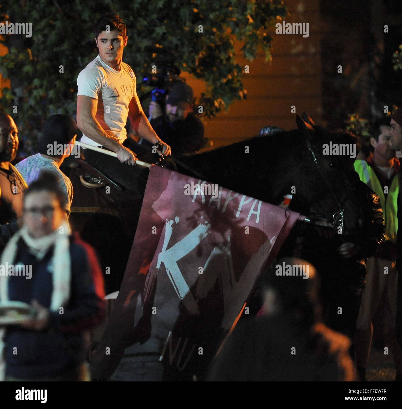 Zac Efron puts on his saddle for a scene in 'Neighbors 2' filming in ...