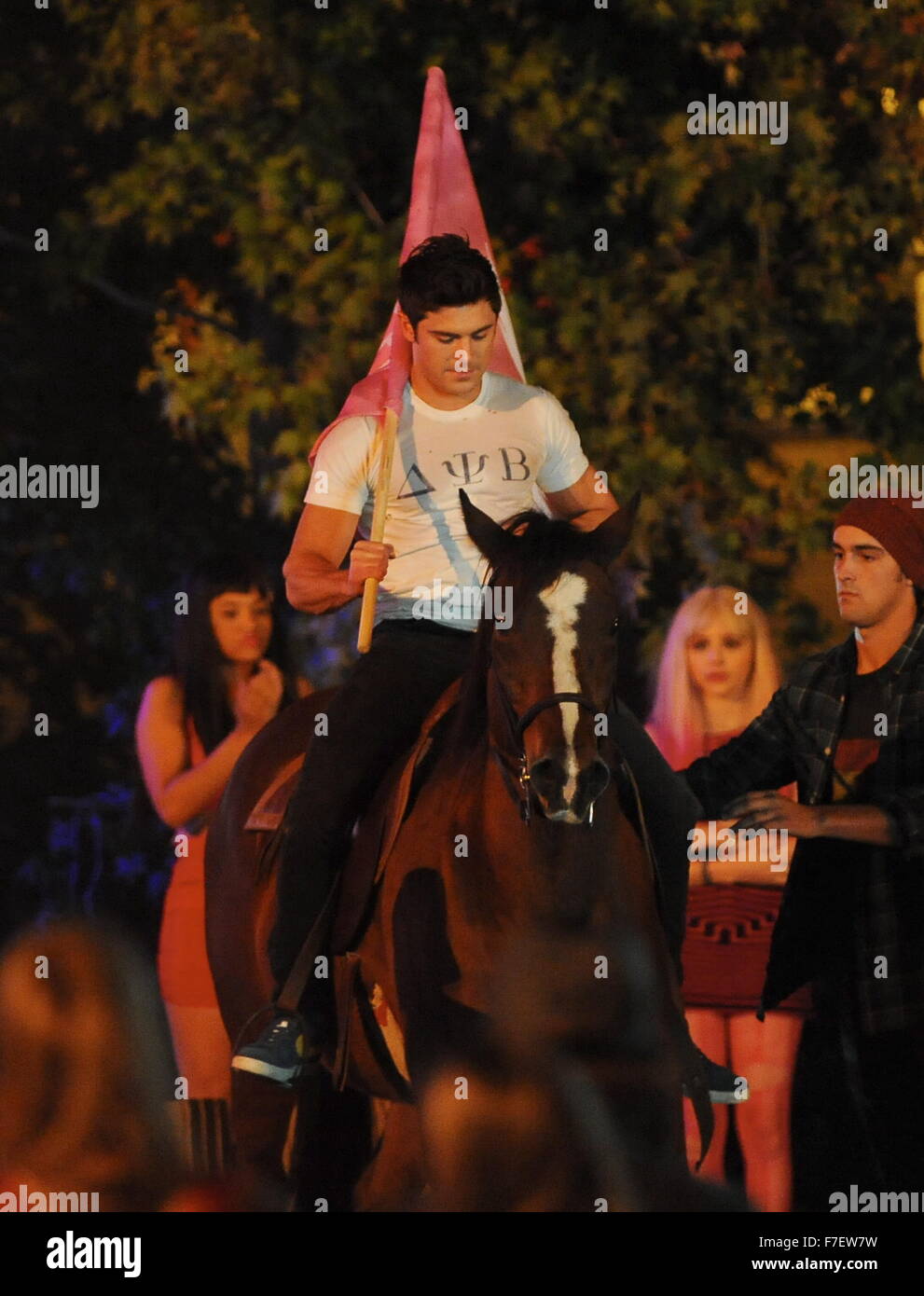 Zac Efron puts on his saddle for a scene in 'Neighbors 2' filming in ...