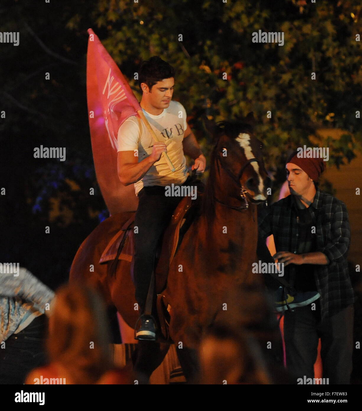 Zac Efron puts on his saddle for a scene in 'Neighbors 2' filming in ...