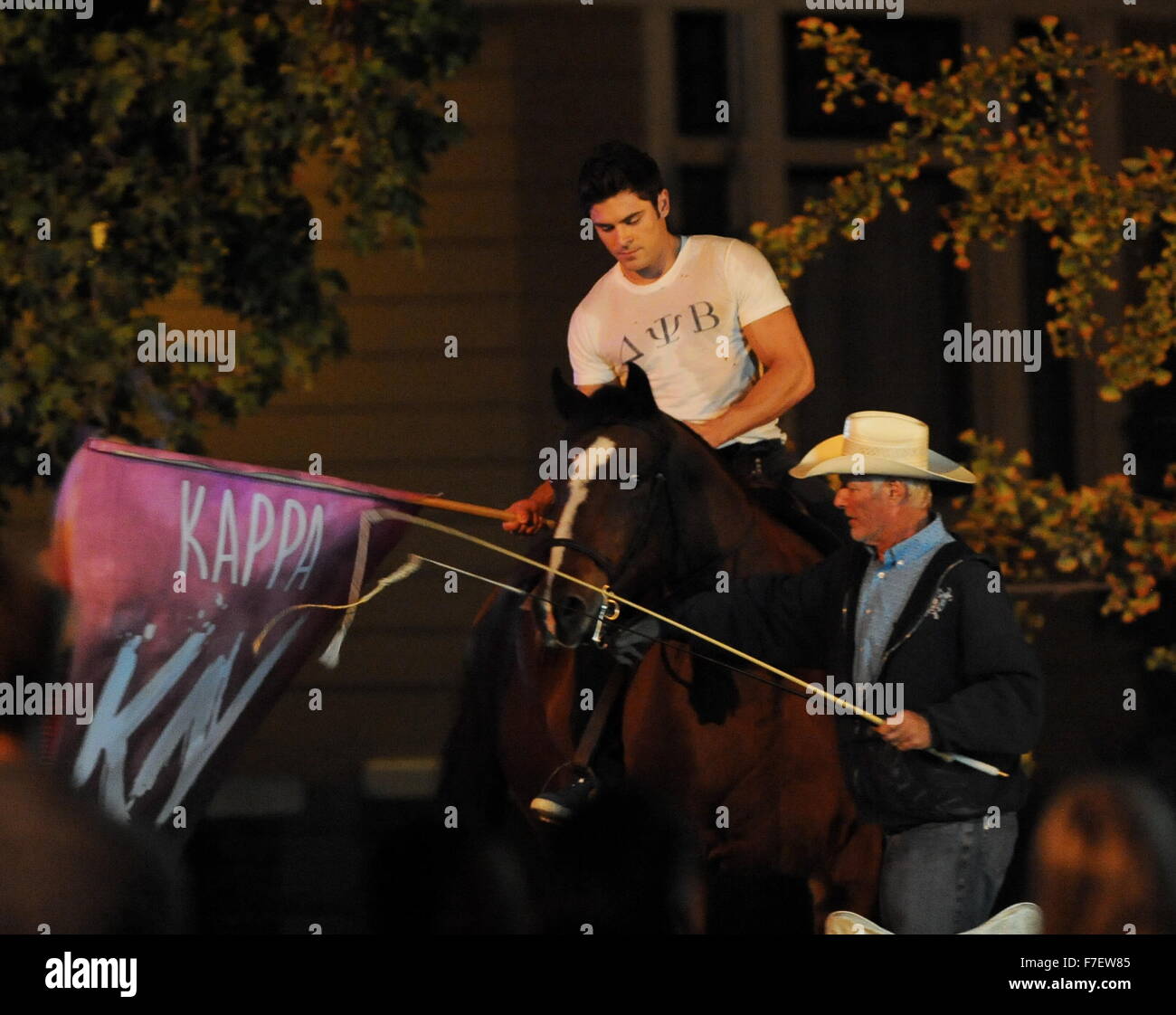 Zac Efron puts on his saddle for a scene in 'Neighbors 2' filming in ...