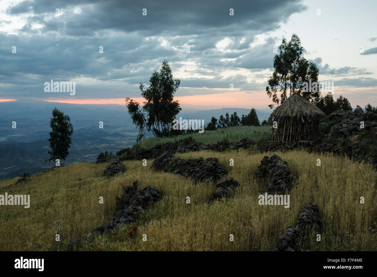View of landscape from Ashen Maria Monastery at dusk, Lalibela ...
