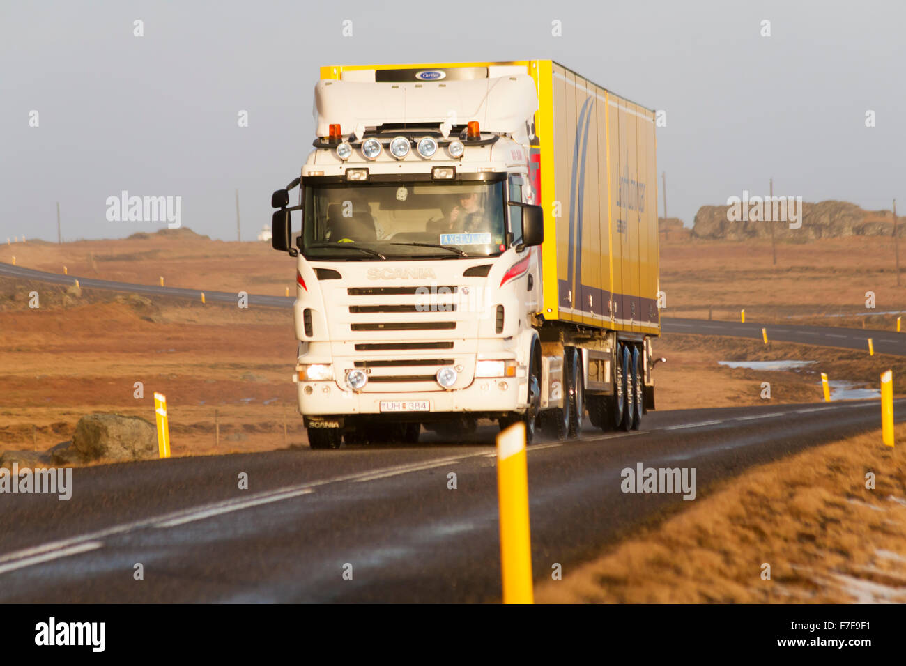 Scania juggernaut truck travelling along roads in Kambsnes, East ...