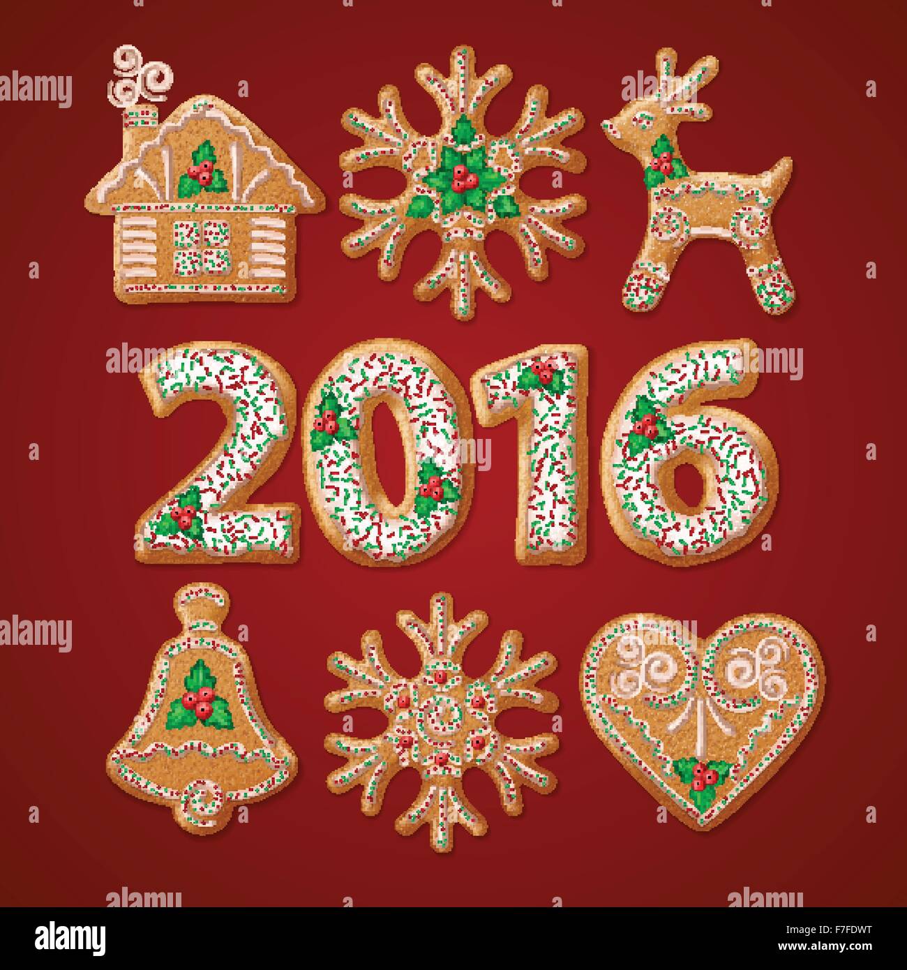 Ornate realistic set traditional Christmas gingerbread. Vector ...