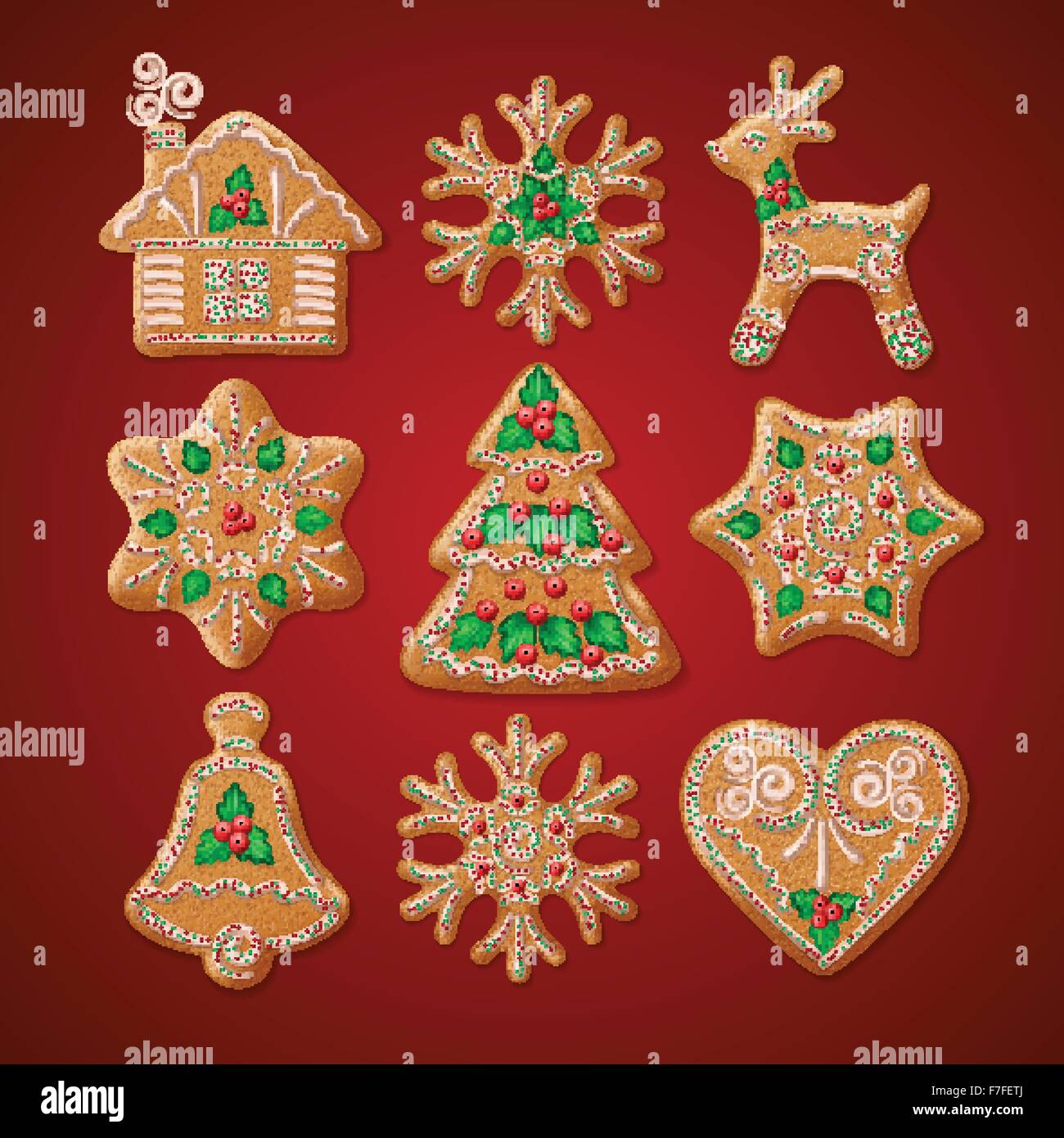 Ornate realistic set traditional Christmas gingerbread. Vector ...
