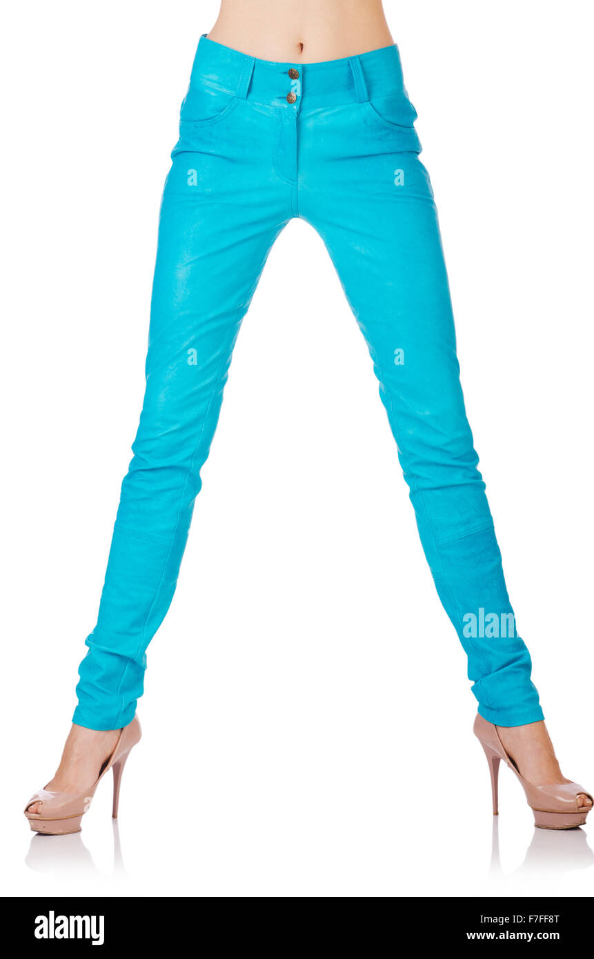 Woman legs in blue trousers Stock Photo - Alamy