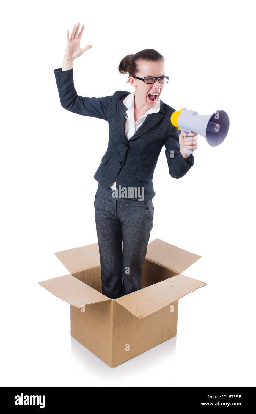 Woman businesswoman with loudspeaker inthe box Stock Photo - Alamy