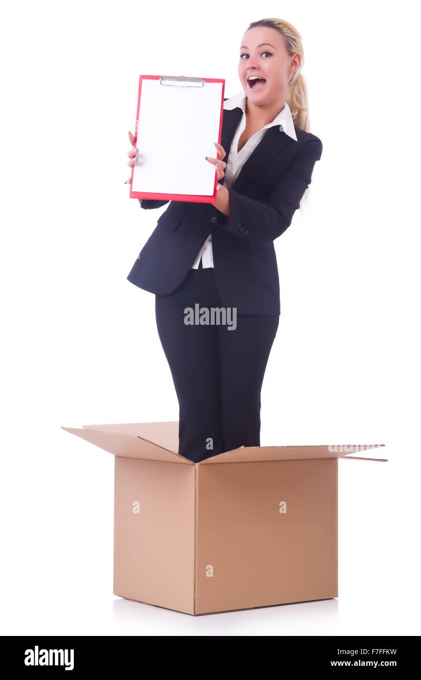 Woman with paper pad out of box Stock Photo - Alamy