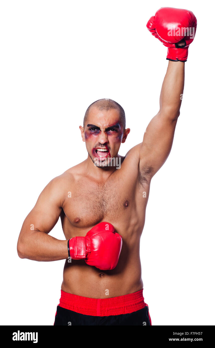 Badly beaten boxer isolated on white Stock Photo - Alamy