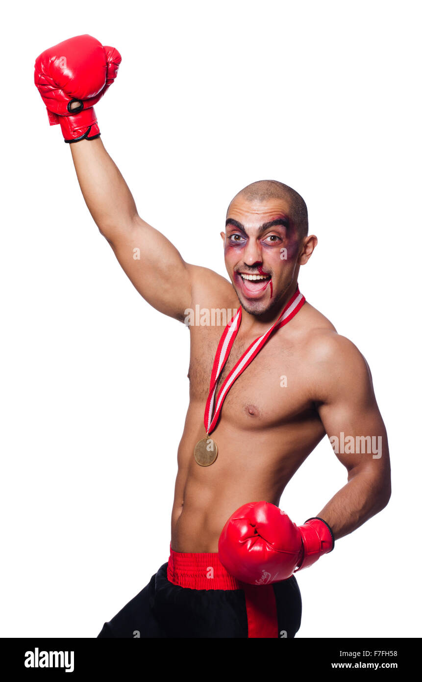 Badly beaten boxer isolated on white Stock Photo - Alamy