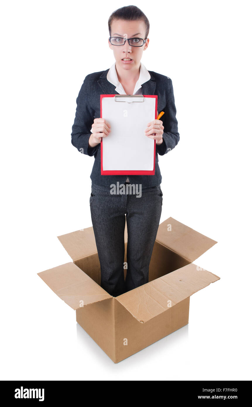 Woman with paper pad out of box Stock Photo - Alamy