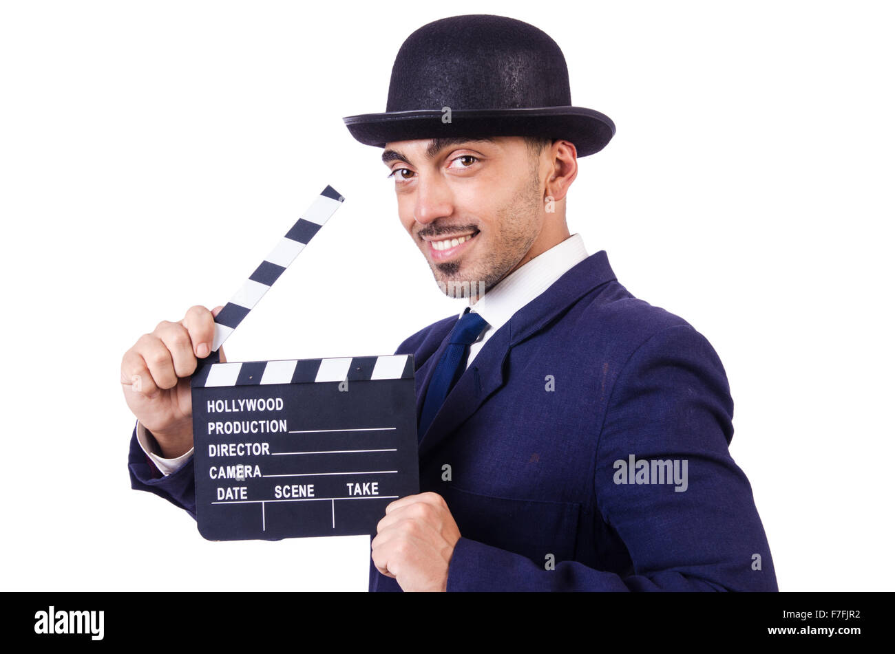 Man with movie clapper isolated on white Stock Photo - Alamy