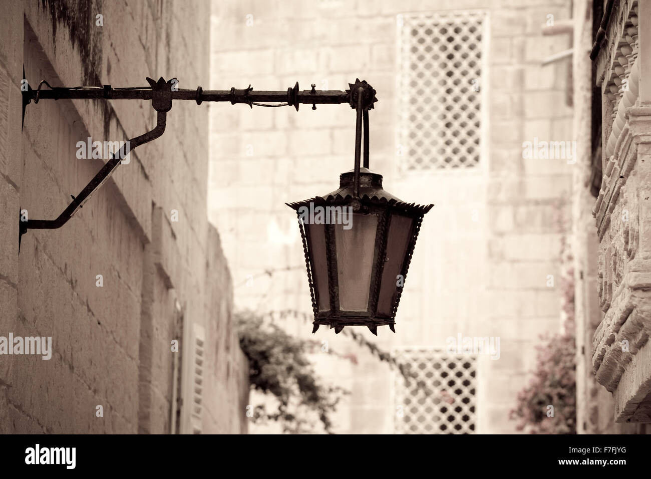 Retro photo of Vintage classic lantern on house old european town Stock ...