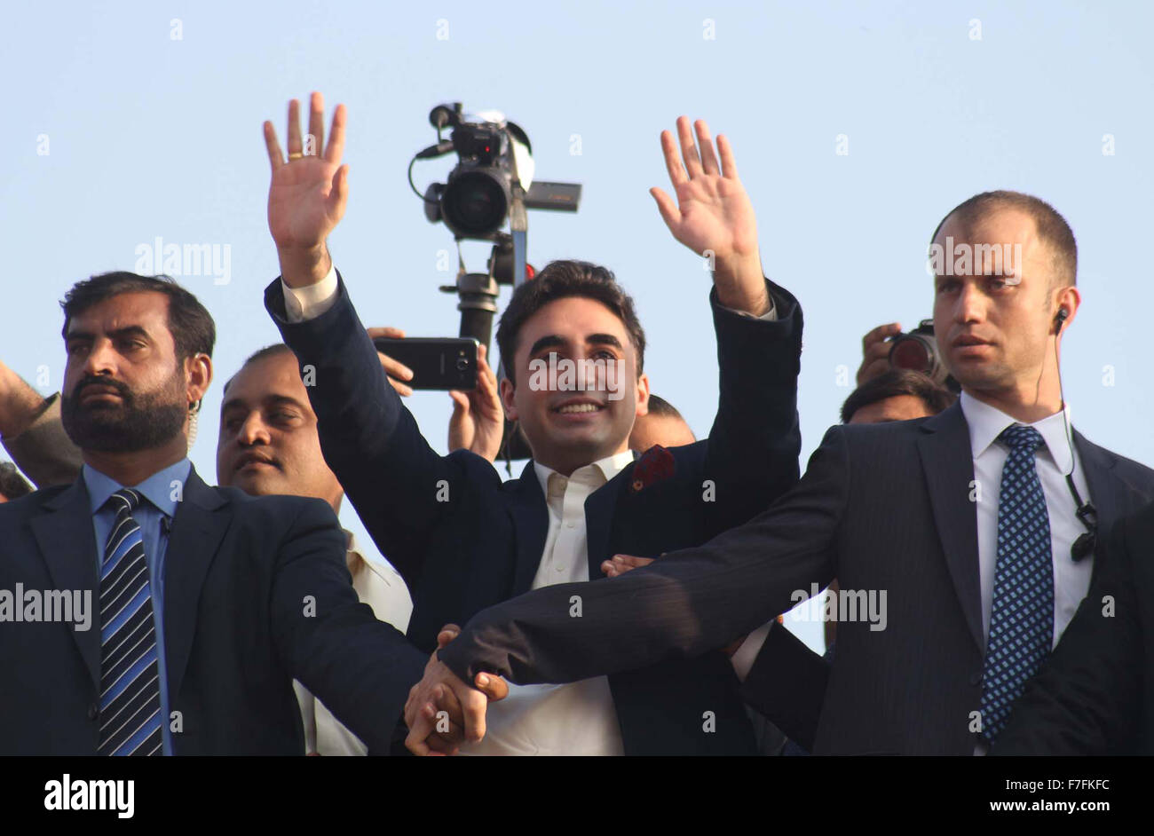 Chairman Peoples Party (PPP) Bilawal Bhutto waving hand to supporters ...