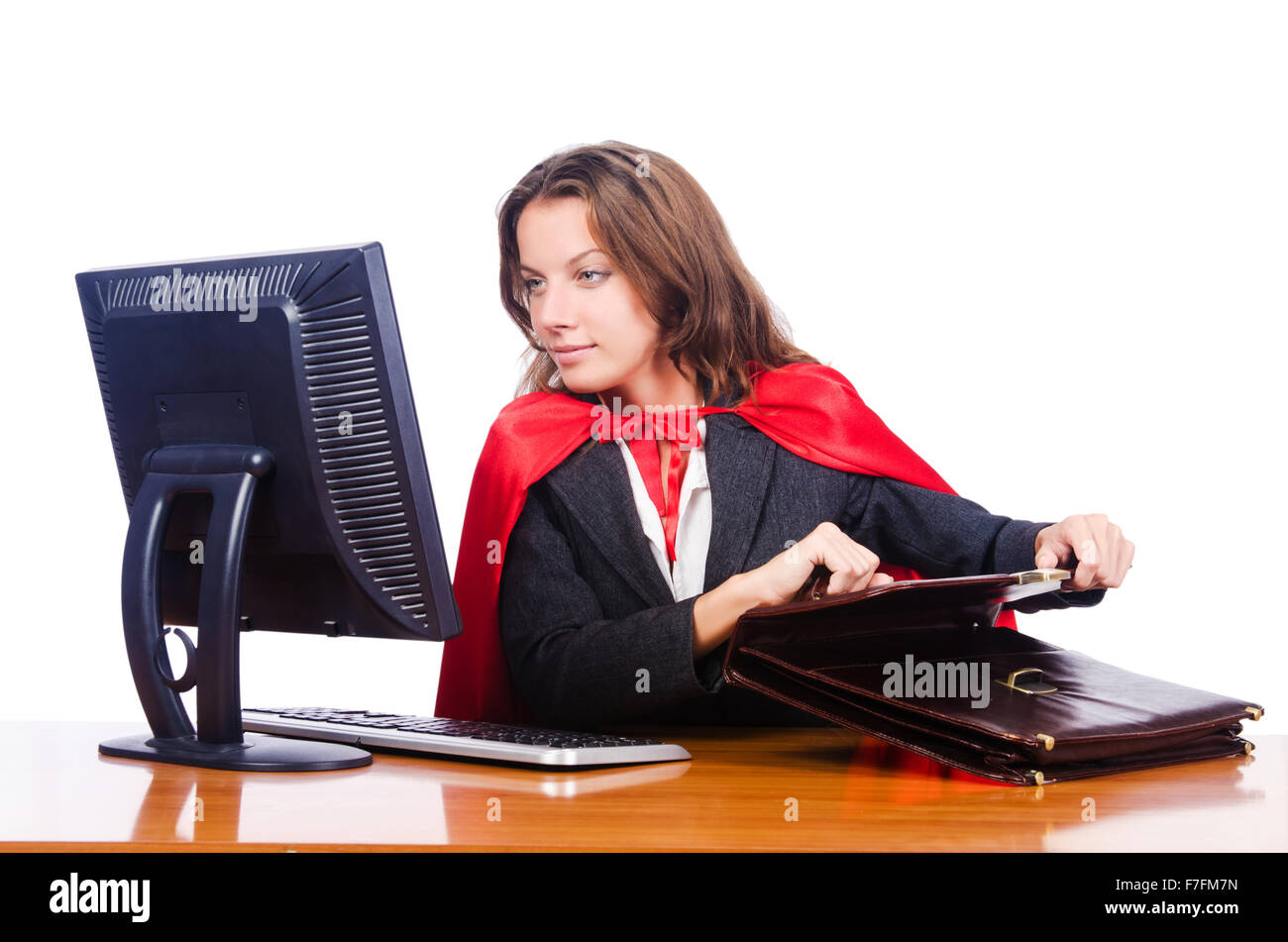 Superwoman worker working in office Stock Photo - Alamy