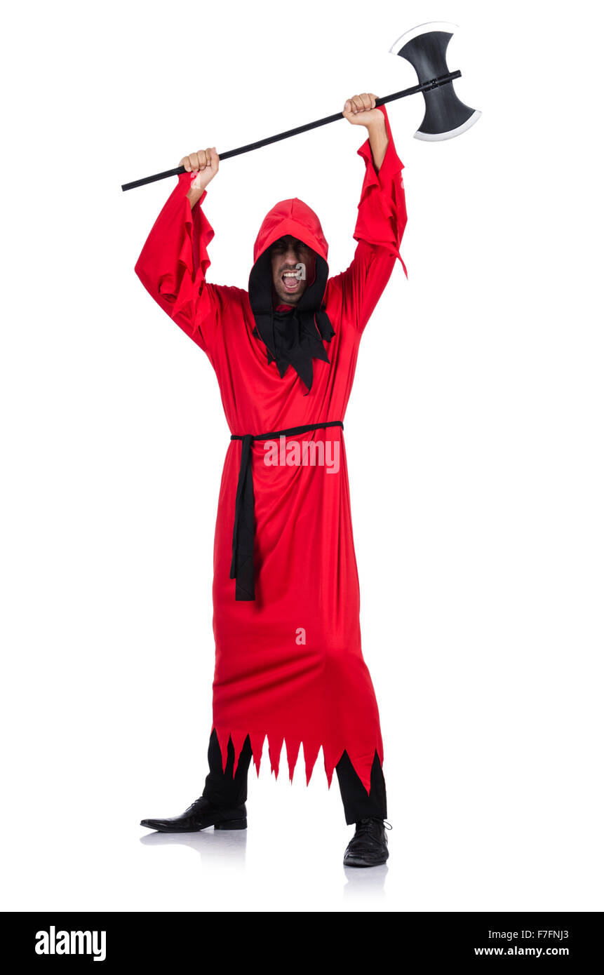Executioner in red costume with axe on white Stock Photo - Alamy