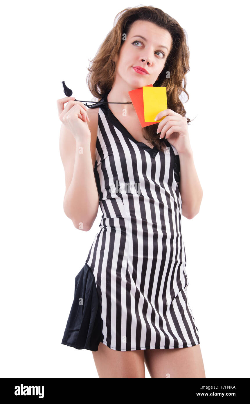Woman referee with card on white Stock Photo - Alamy
