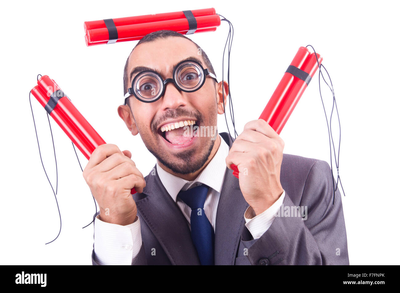 Businessman with dynamite isolated on white Stock Photo - Alamy