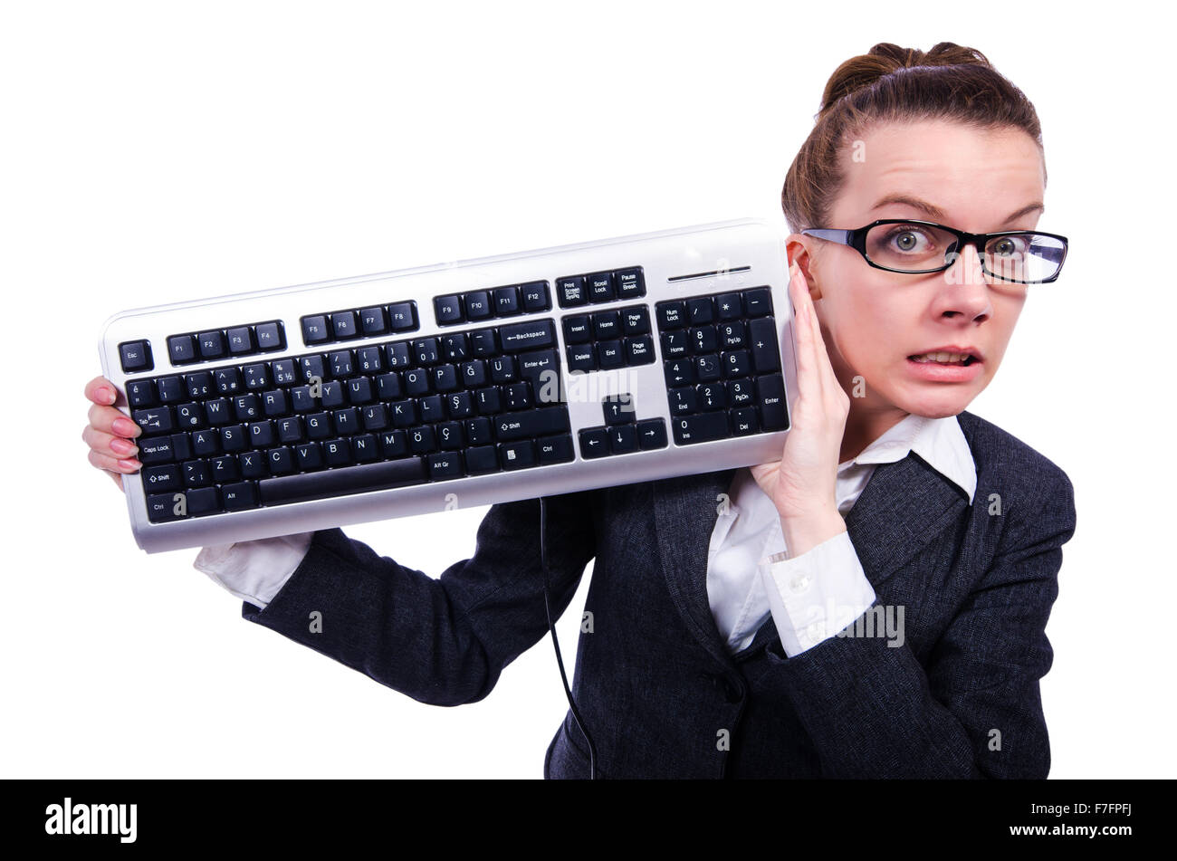 Nerd businessman with computer keyboard on white Stock Photo - Alamy