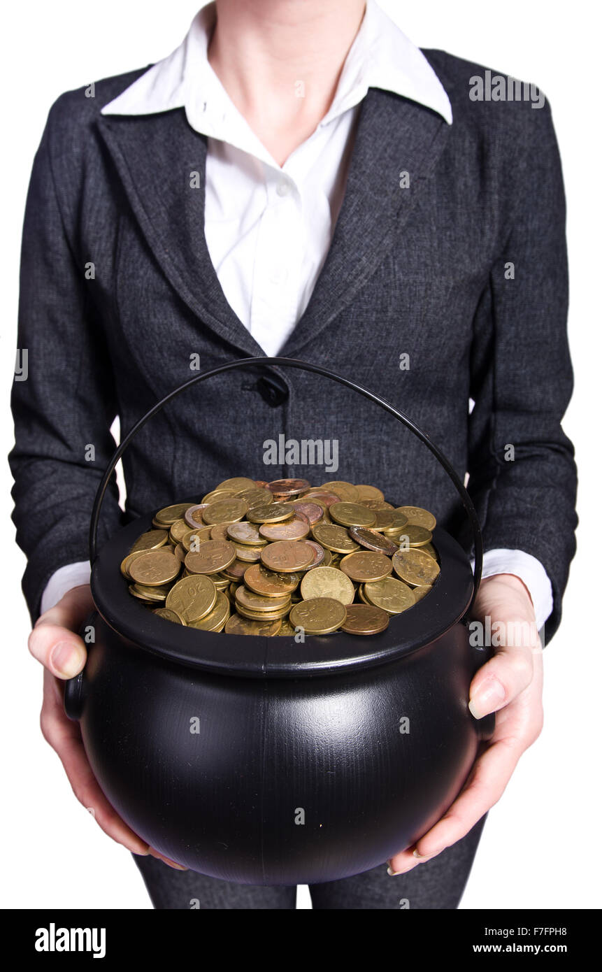 Woman holding pot of gold coins Stock Photo - Alamy