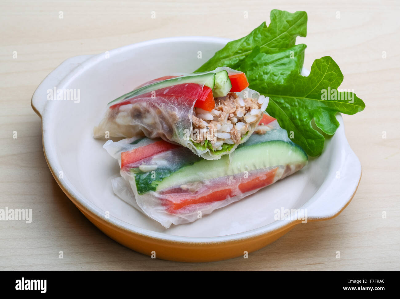 Vietnamese Spring rolls with tuna and salad leaves Stock Photo - Alamy
