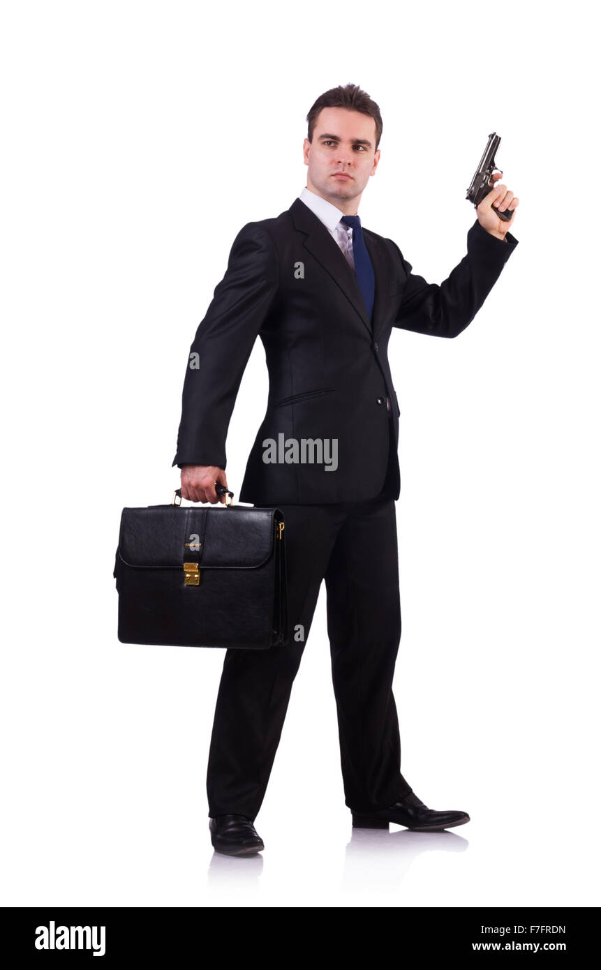 Businessman with gun isolated on white Stock Photo - Alamy