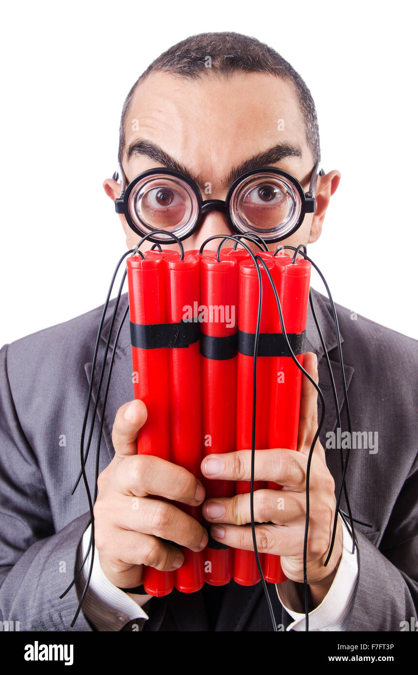 Businessman with dynamite isolated on white Stock Photo - Alamy