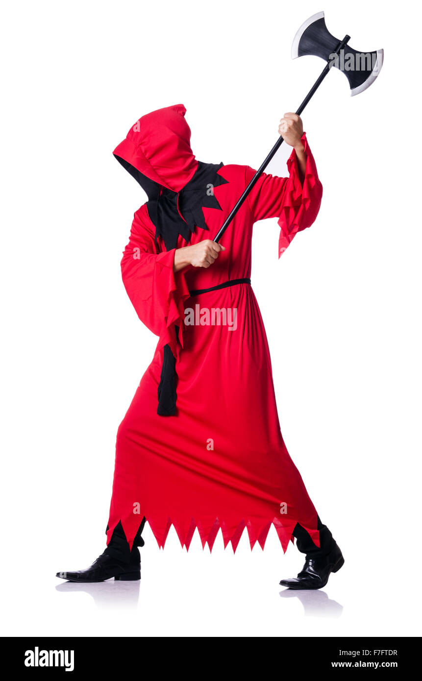 Executioner in red costume with axe on white Stock Photo - Alamy