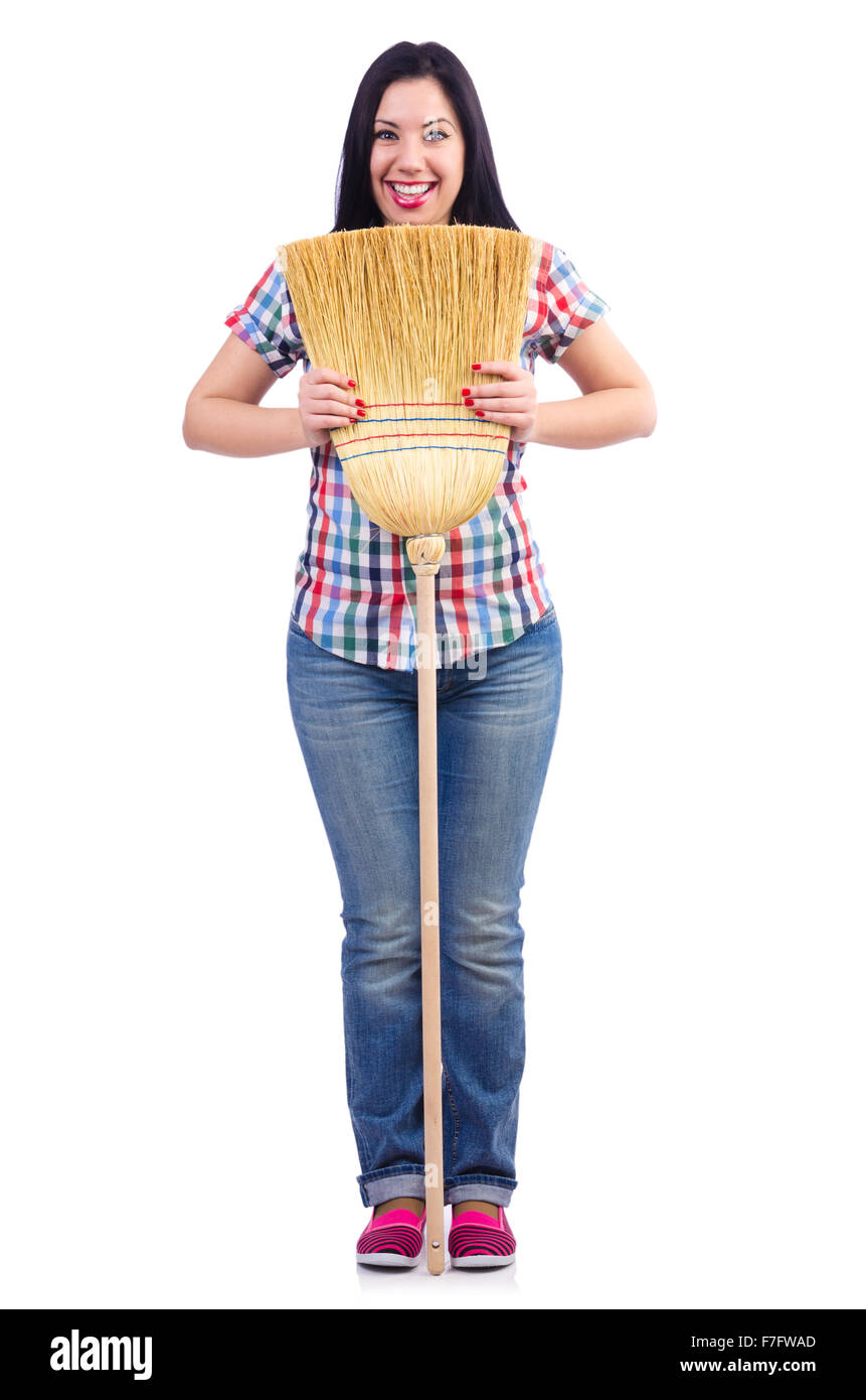 Young woman with broom isolated on white Stock Photo - Alamy