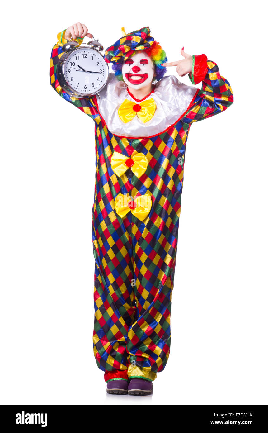 Clown with clock on white Stock Photo - Alamy