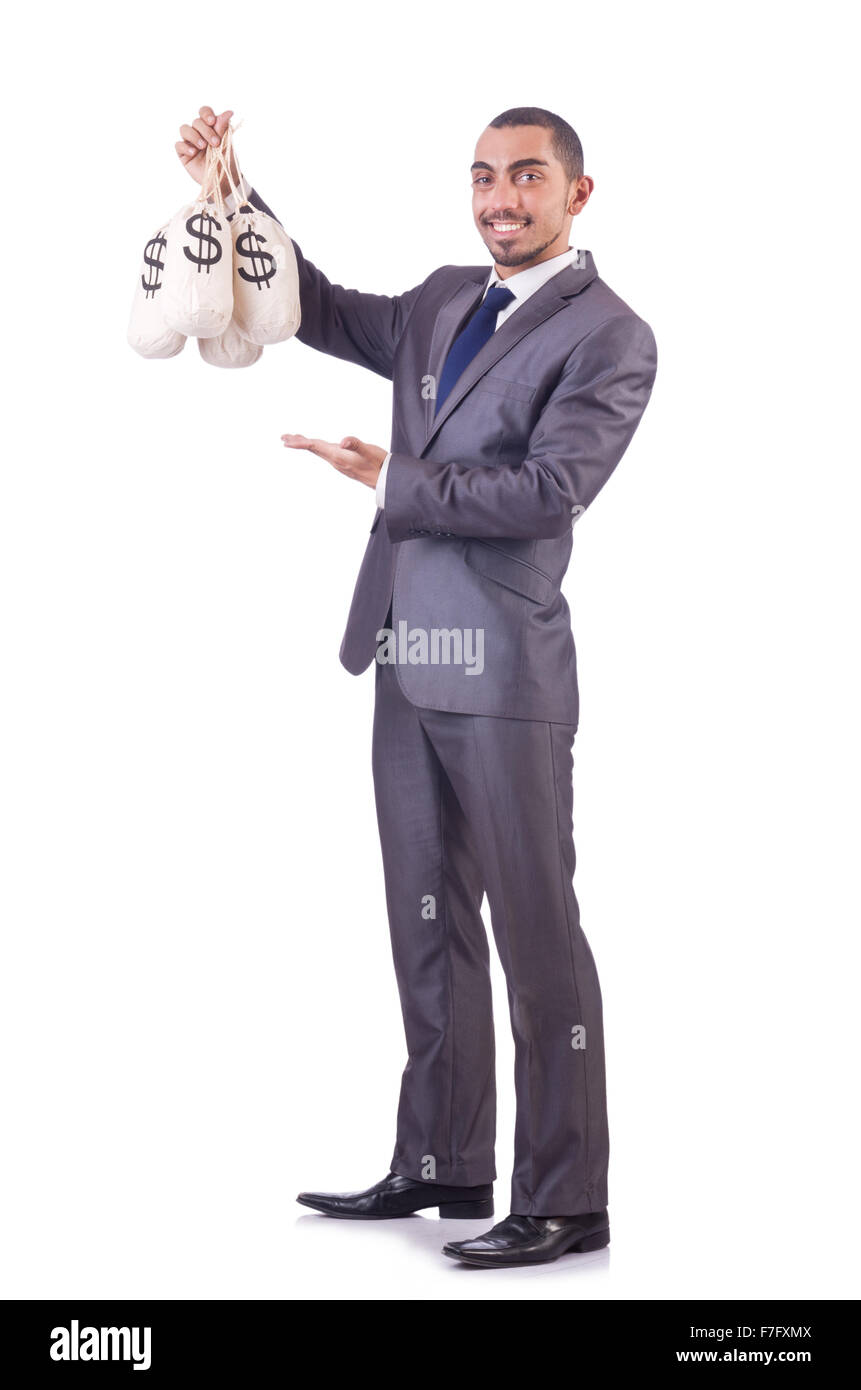 Man with money sacks on white Stock Photo - Alamy