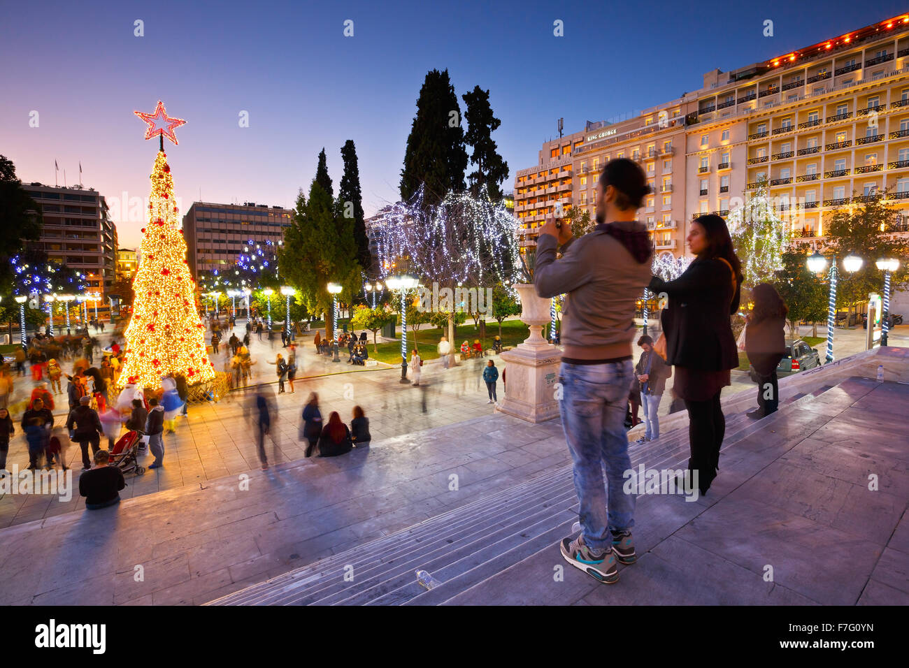 People at a christmas tree in Syntagma square during the advent before ...
