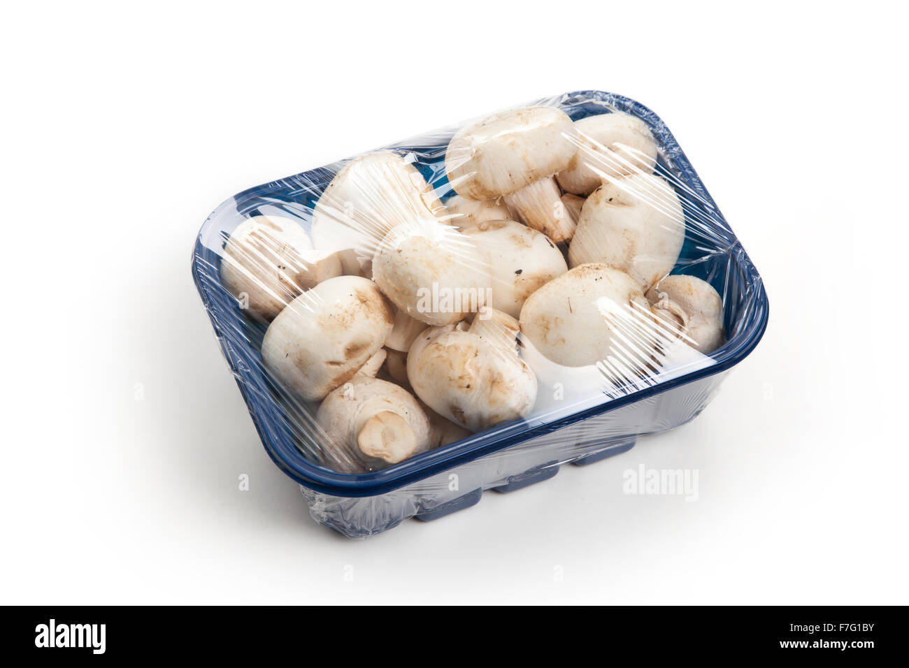 Mushrooms in blue plastic box isolated on white background Stock Photo ...