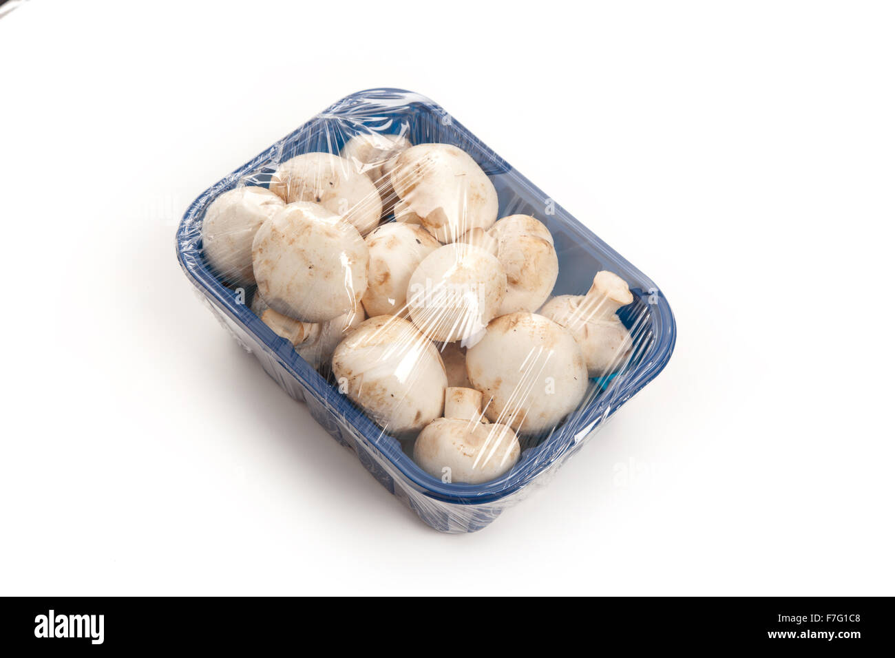 Mushrooms in blue plastic box isolated on white background Stock Photo ...