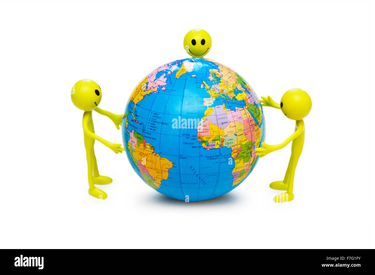 Smilies holding the globe isolated on white Stock Photo - Alamy
