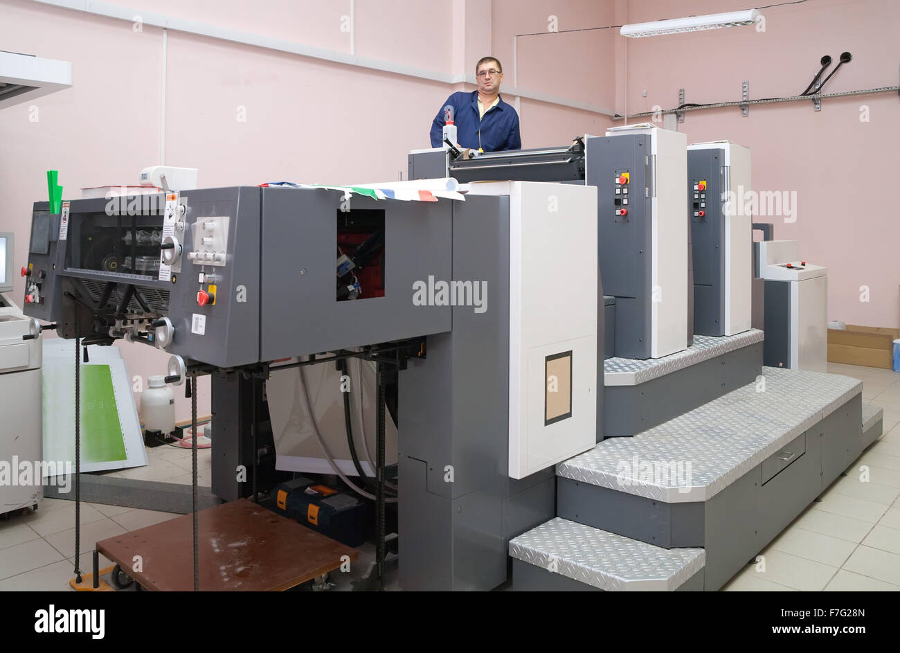 Printer working at his modern offset machine Stock Photo - Alamy
