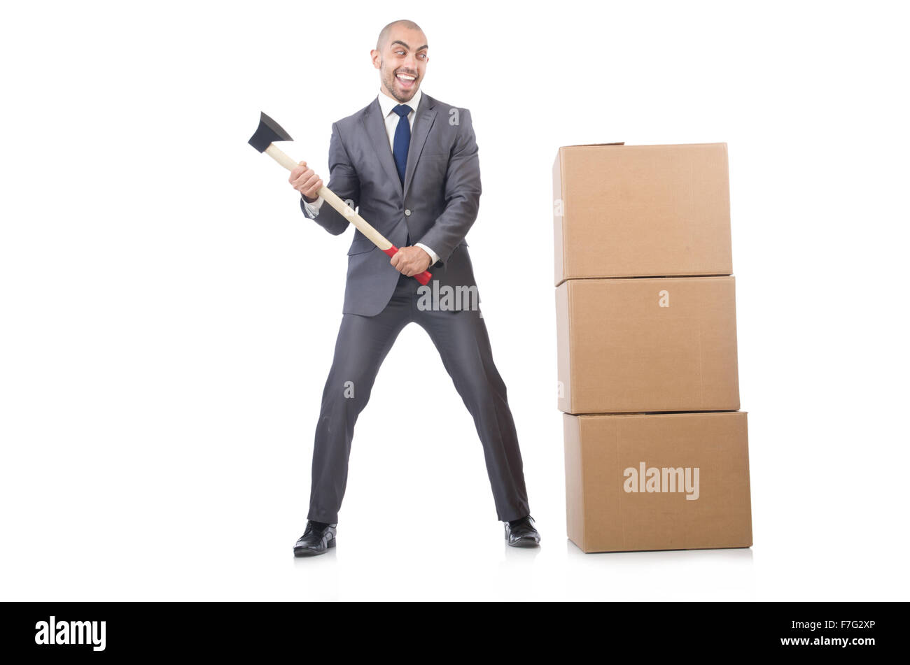 Man with axe and boxes on white Stock Photo - Alamy