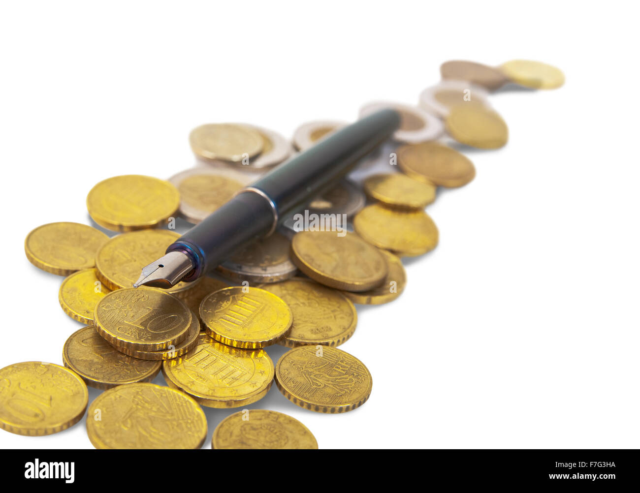 Pen on euro coins over white background Stock Photo - Alamy