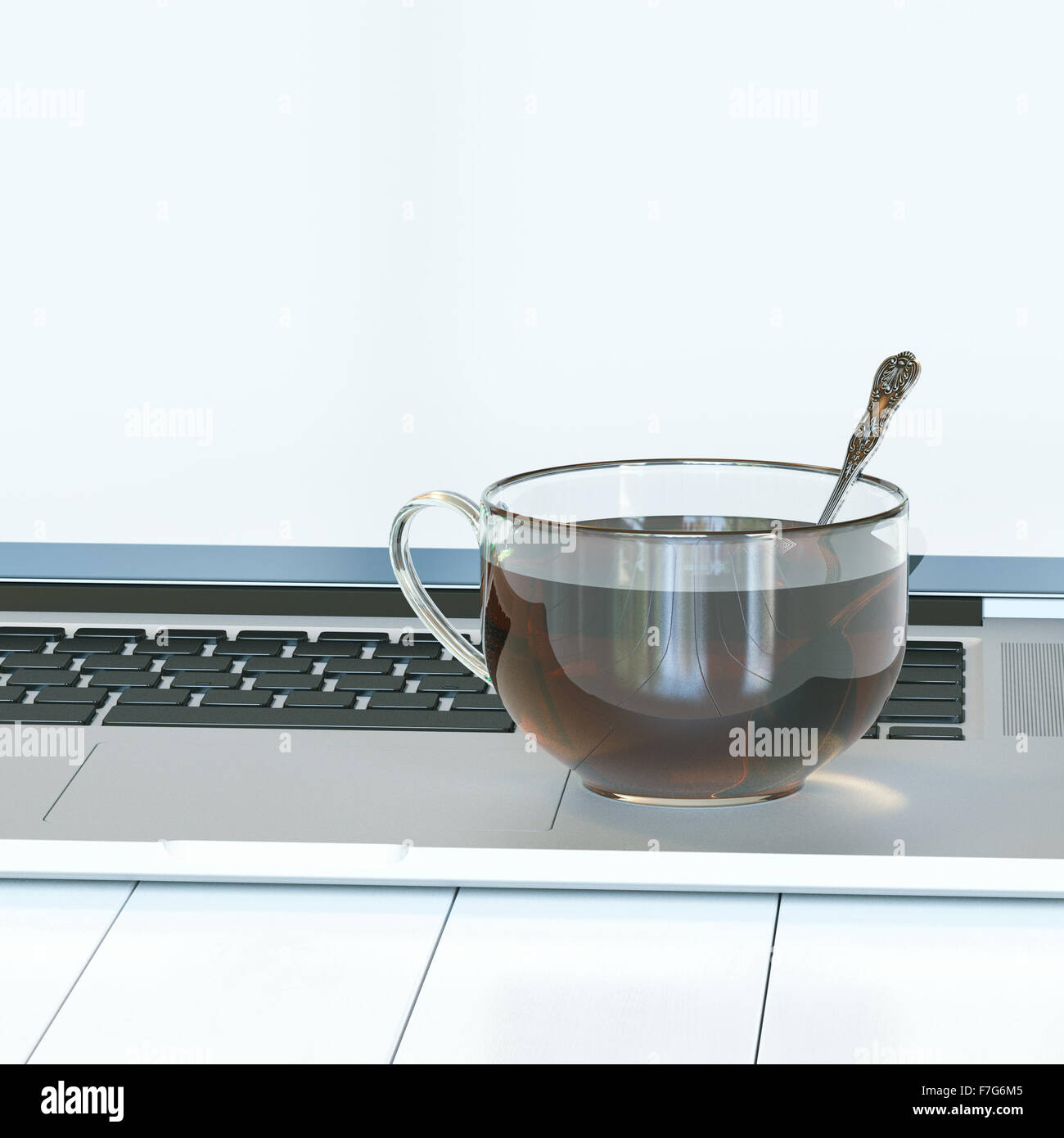 Glass cup of hot tea on laptop on white hardwood table. Front view. 3d ...