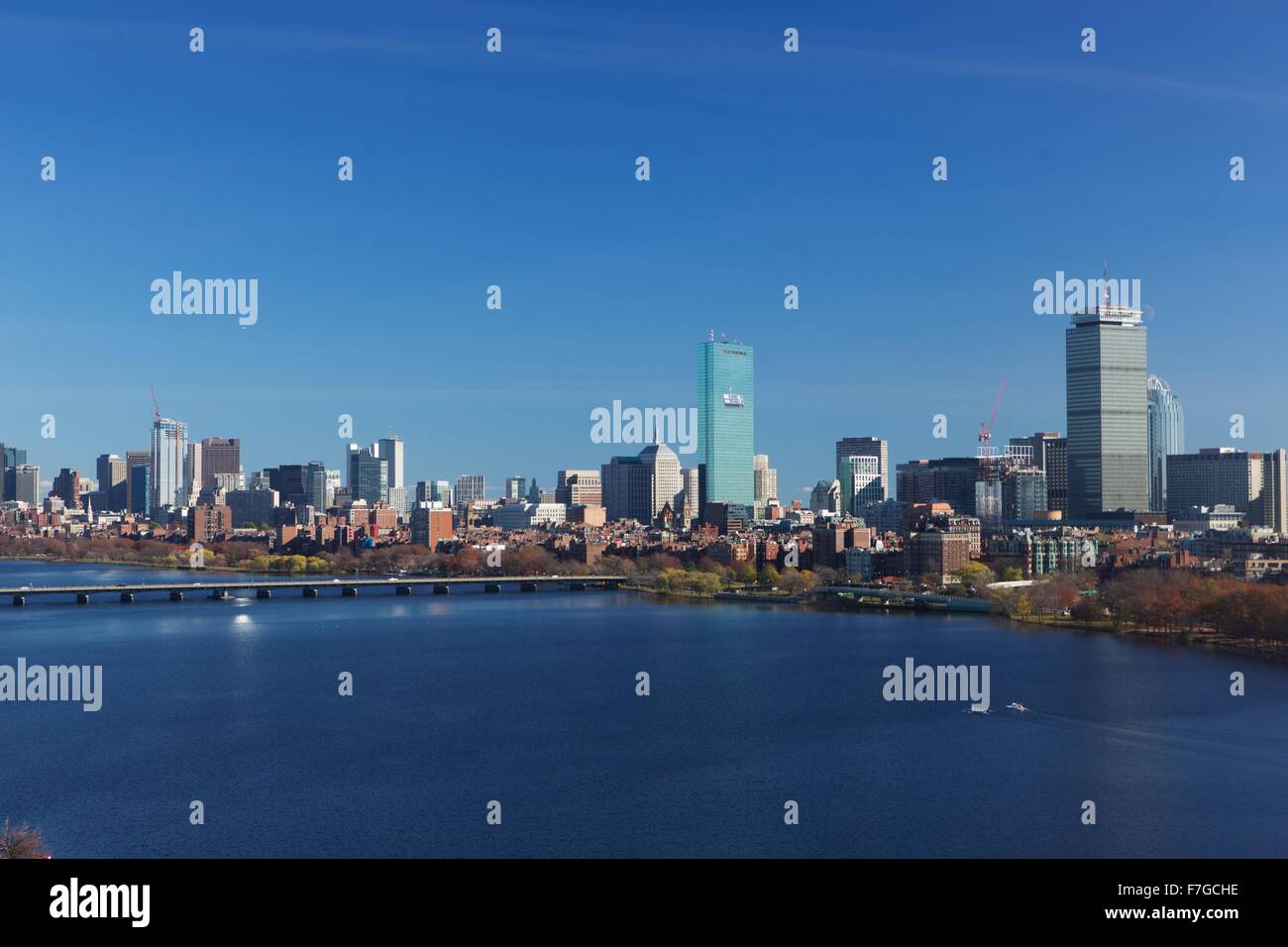 View of the Boston skyline from Cambridge on a clear blue autumn day ...