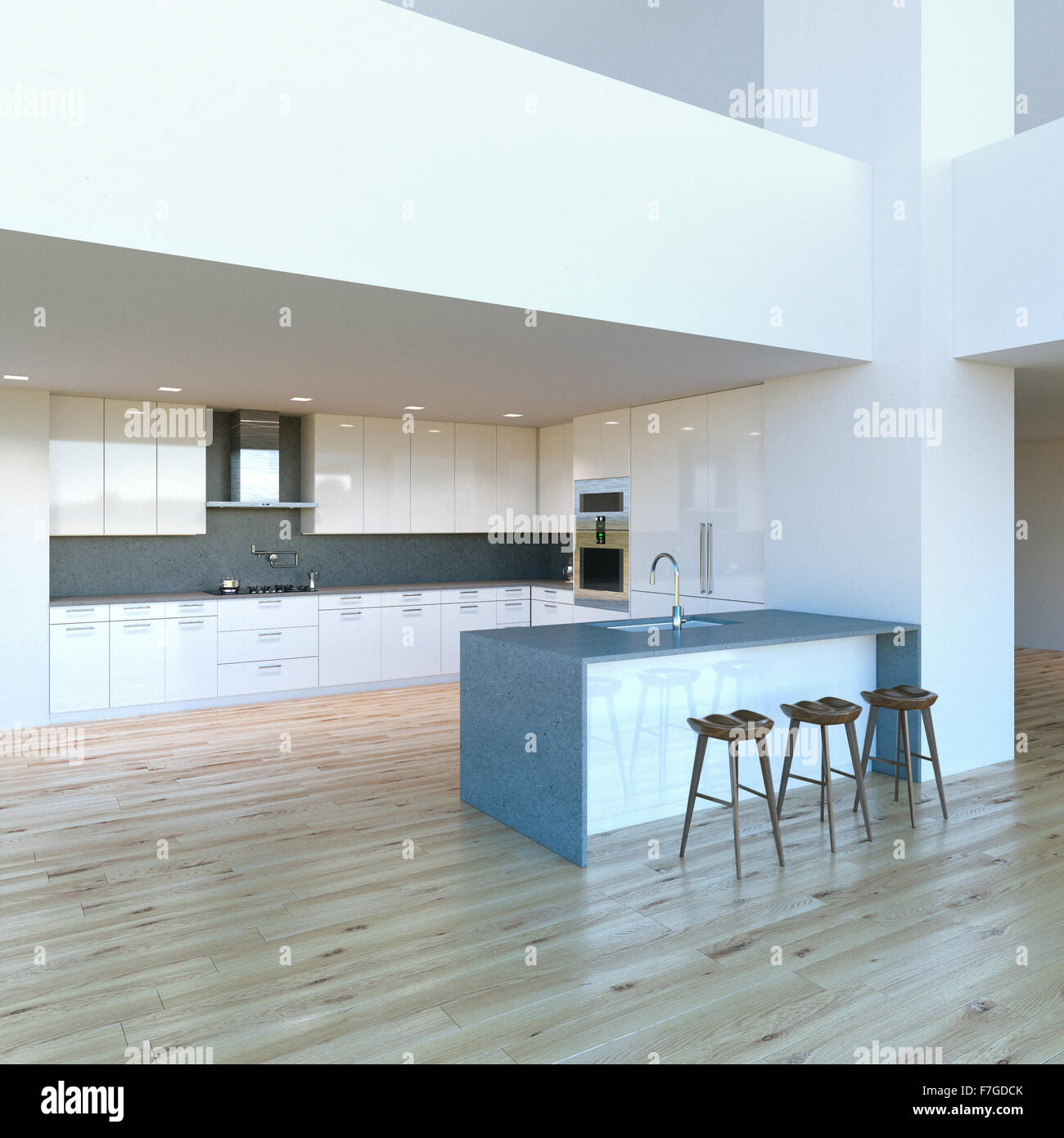 New decorated contemporary white Kitchen in luxury big studio . 3D ...