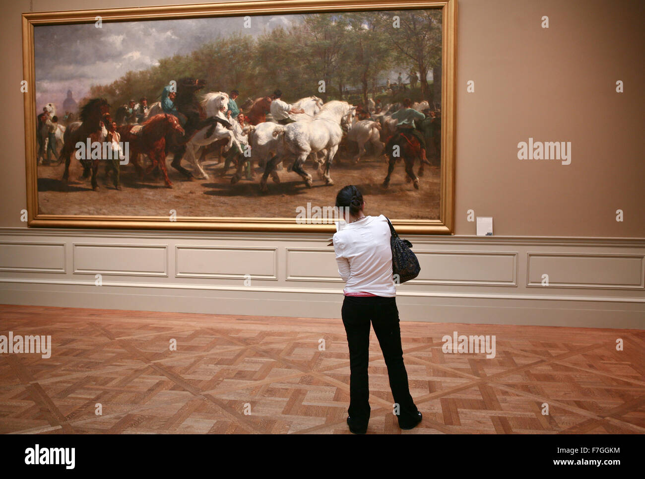 Girl observes a picture of horses at museum hi-res stock photography ...
