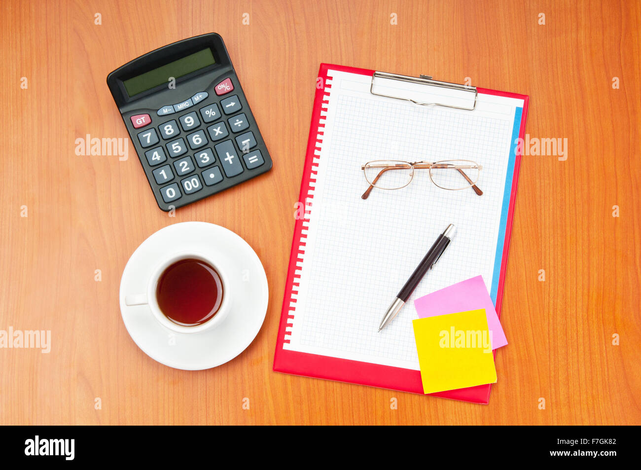 Desk top with many items Stock Photo - Alamy
