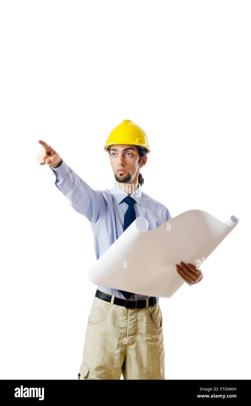 Engineer working with drawings on white Stock Photo - Alamy