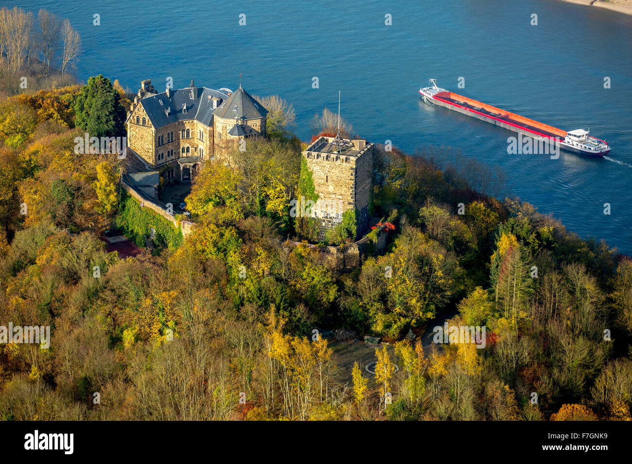 Burg Rheineck in the Rhine Valley, Rhine, autumn leaves, ship, cargo ...