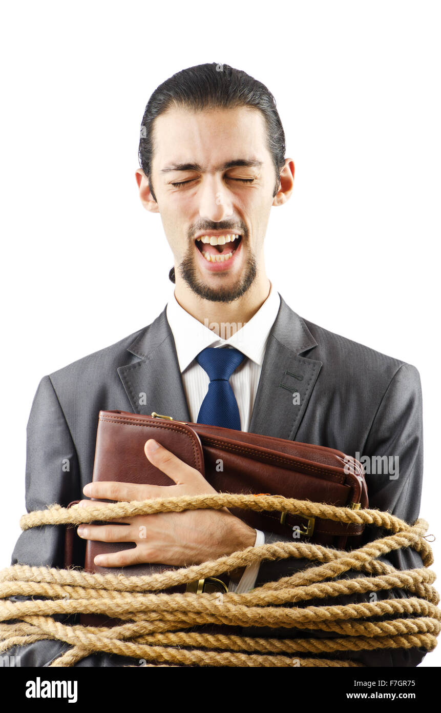 Businessman tied up on white Stock Photo - Alamy